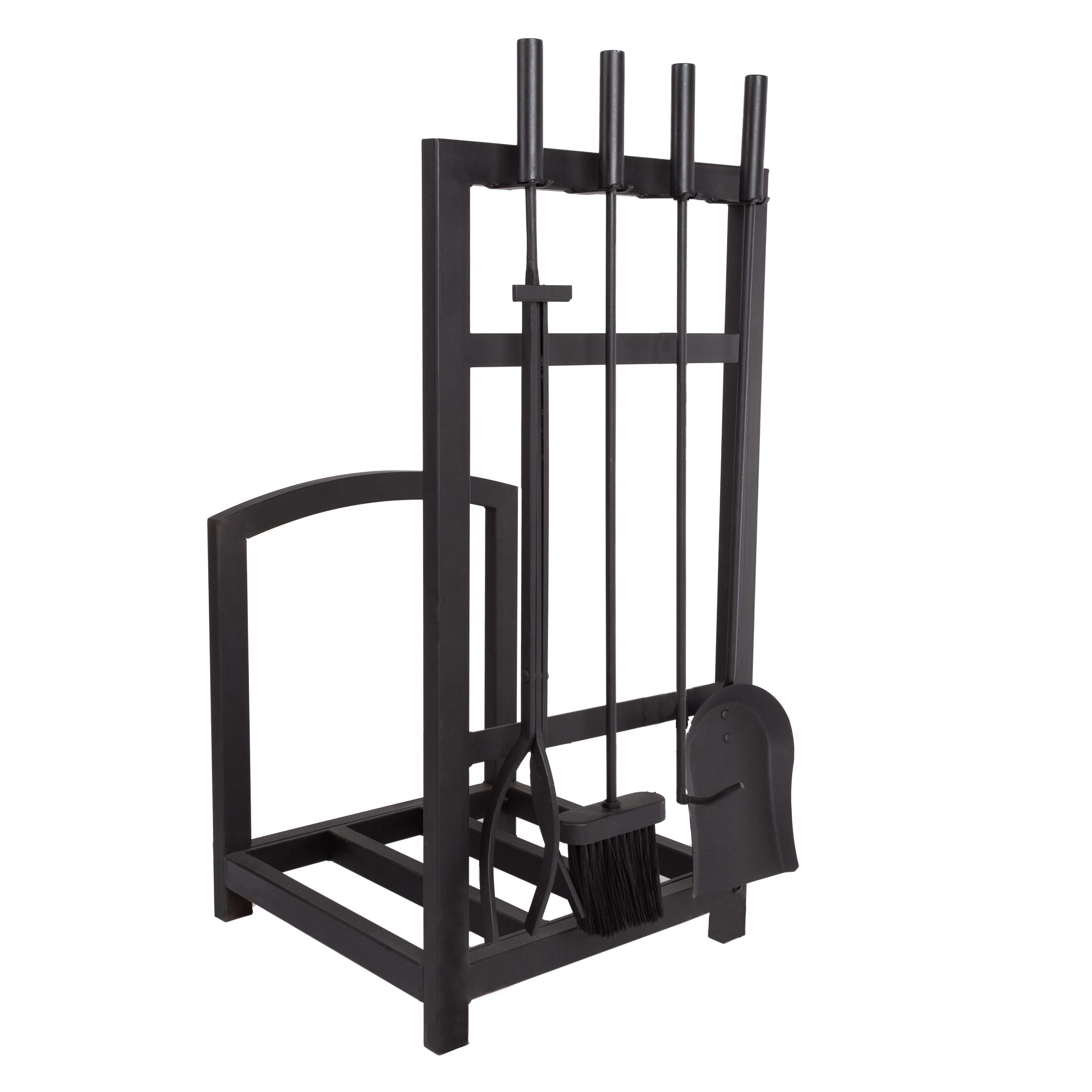Lavish Home 5-Piece Fireplace Tool Set and Log Rack - Mission-Style Firewood Holder with Shovel, Broom, Tongs, and Poker for Hearth (Matte Black)