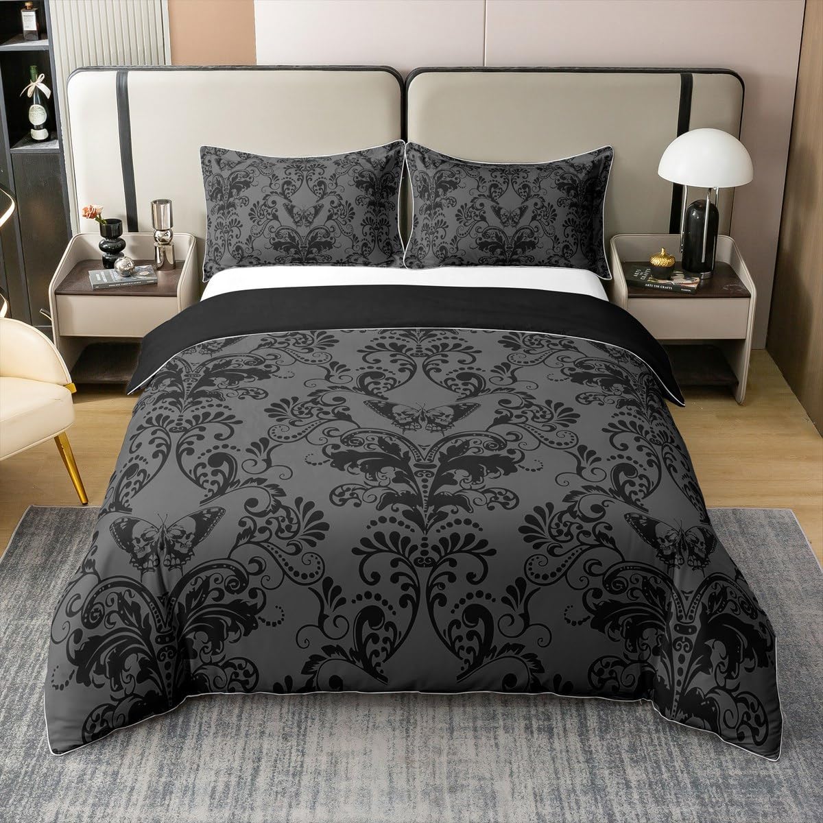 Erosebridal 100% Cotton Dark Grey Damask Comforter Cover King Size Black Butterfly Duvet Cover Vintage Floral Bedding Set for Adult Teens Antique Victorian Baroque Quilt Cover,Bedroom Decor