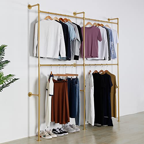 ZGZR Industrial Pipe Clothes Rack Metal Clothing Store Display Stands Wall Mounted Garment Rack, Heavy Duty Hanging Rod for Closet Storage, 89.8in Gold