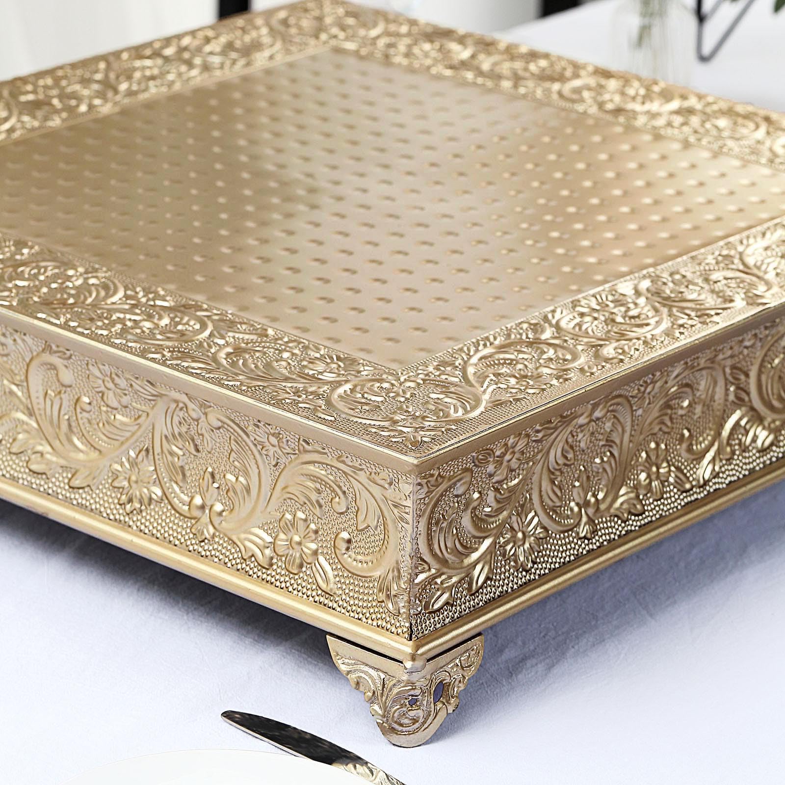 Efavormart 22” Gold Square Embossed Metal Cake Plateau Stand Riser Wedding Birthday Party Dessert Cake Pedestal Display Plate