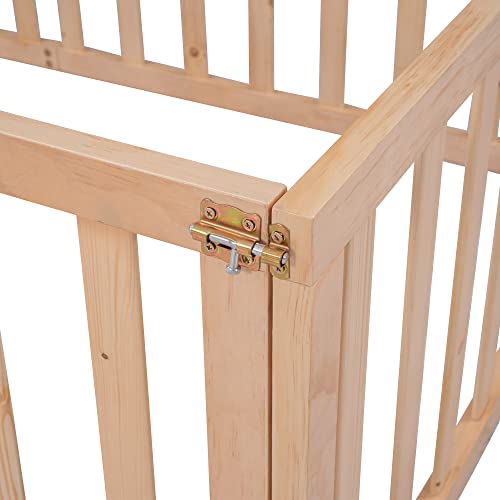 LZ LEISURE ZONE Twin Size Platform Bed with Fence, Solid Wood Floor Bed Frame with Door, Twin Size Daybed Fram, Natural