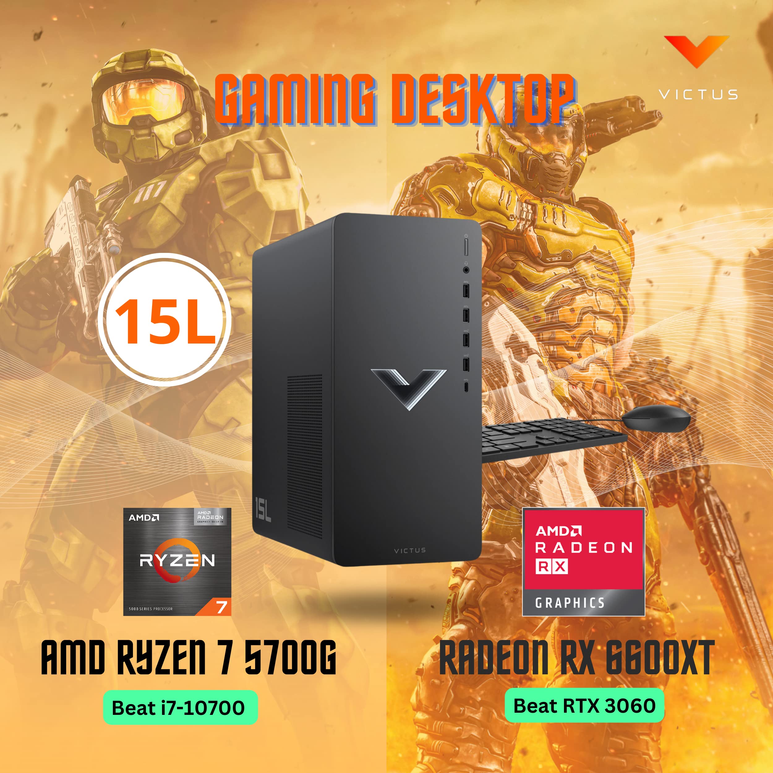 HP Victus 15L PC Gaming Desktop, AMD Ryzen 7 5700G Processor(8 cores,16 Threads), 32 GB RAM, 2 TB SSD, Radeon RX 6600XT Graphics(8 GB GDDR6), WiFi 6, Bluetooth, USB-C, DiplayPort, Windows 11 Home