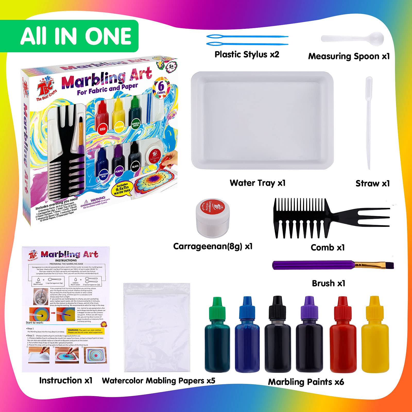 TBC The Best Crafts Marbling Art Paint Kit, 6 Bottles Marbling Inks(19ml Each), Art of Painting on Water, Ebru Art