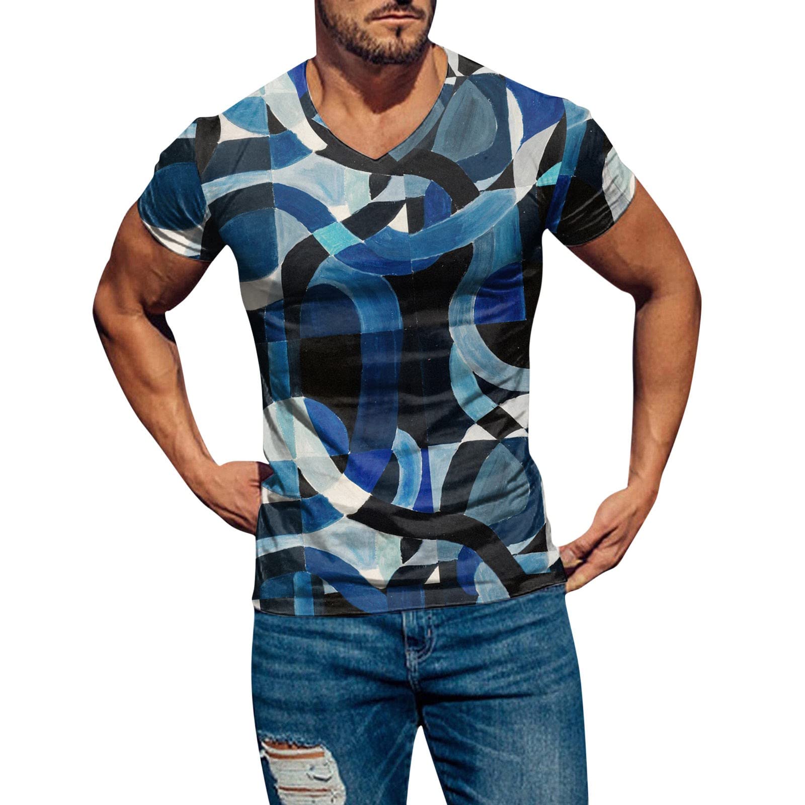 DUOWEI Men's Spring and Summer Leisure Sports Slim Soft Lightweight V Neck Short Sleeved T Shirt Blue