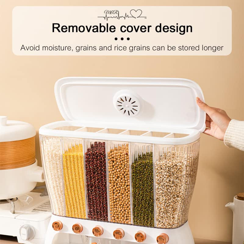 M&R, Dry Food Dispenser, Rice Container, Bulk Food Storage, Grain Canisters - 6 Grid, Moisture Proof/Airtight Dry Food Storage Containers/ Elegant design for home & kitchen.