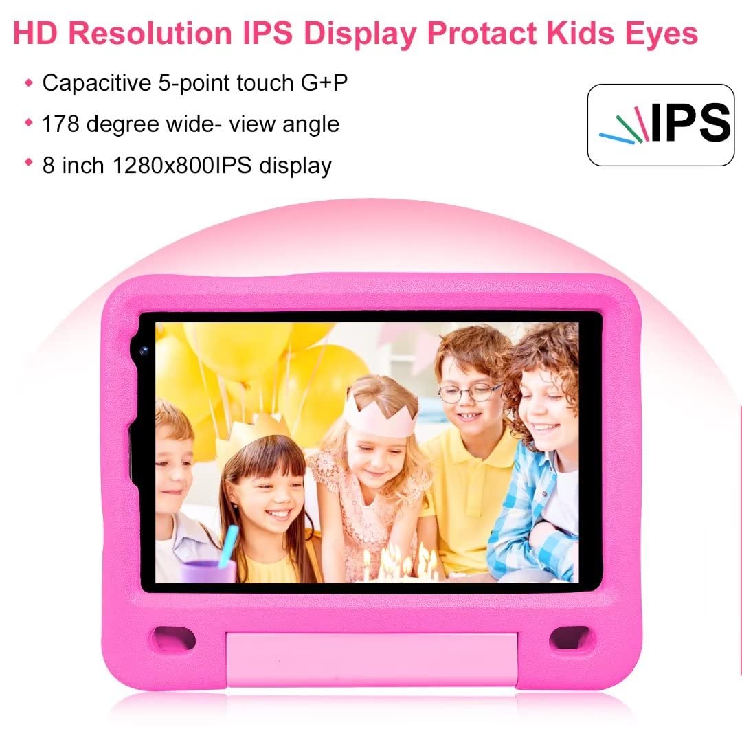 DUODUOGO Kids Tablet 8 inch, Android 12.0 Tablet for Kids, Tablet with Quad-Core Processor, 64 ROM + 4GB RAM Storage, WiFi/Parental Control/Shockproof Case/Educational/Games-Pink