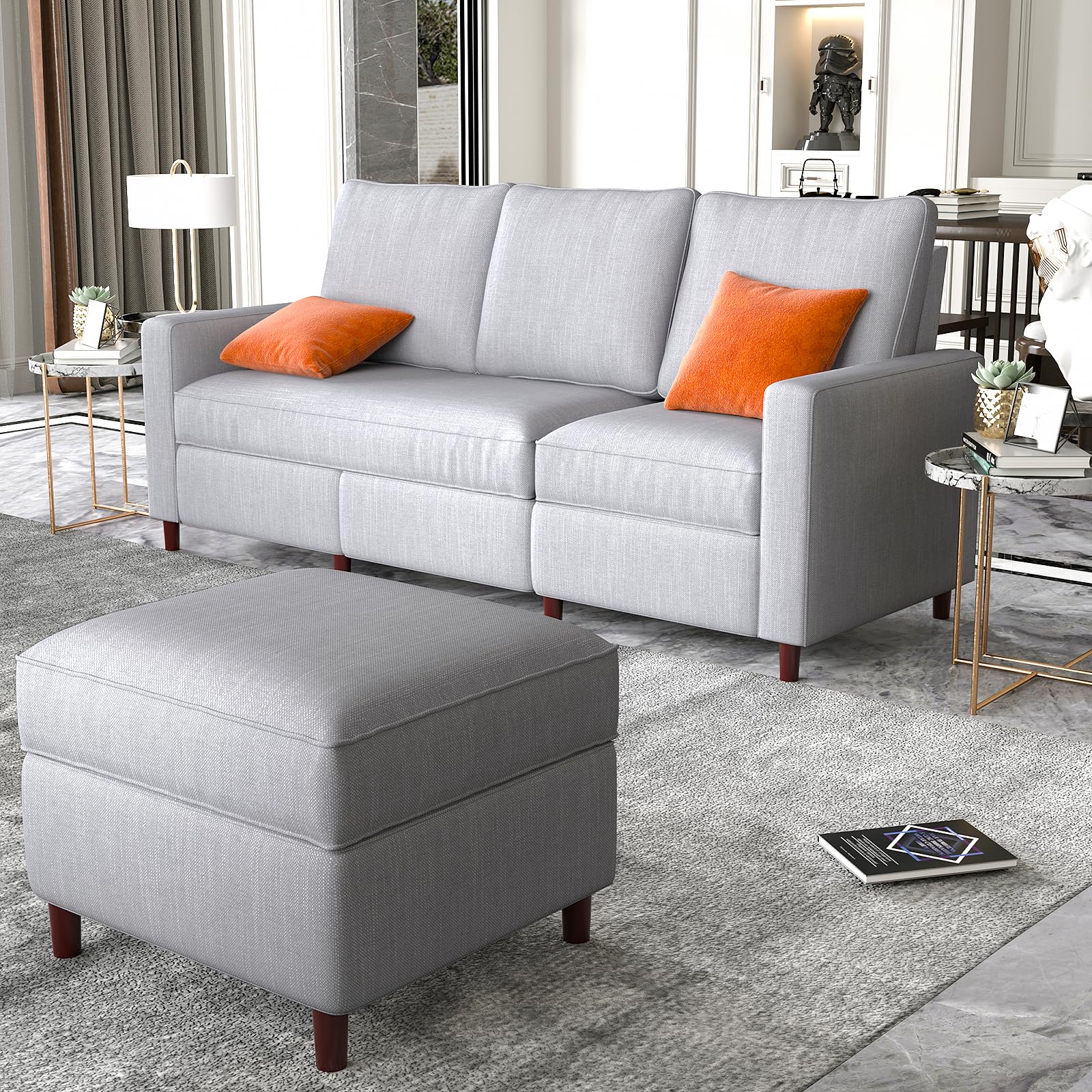 GinguoHome Convertible Sectional Sofa Couch, 3 Seat L-Shaped Sofa with Linen Fabric, Movable Ottoman Small Couch for Small Apartments, Living Room and Office (Grey)