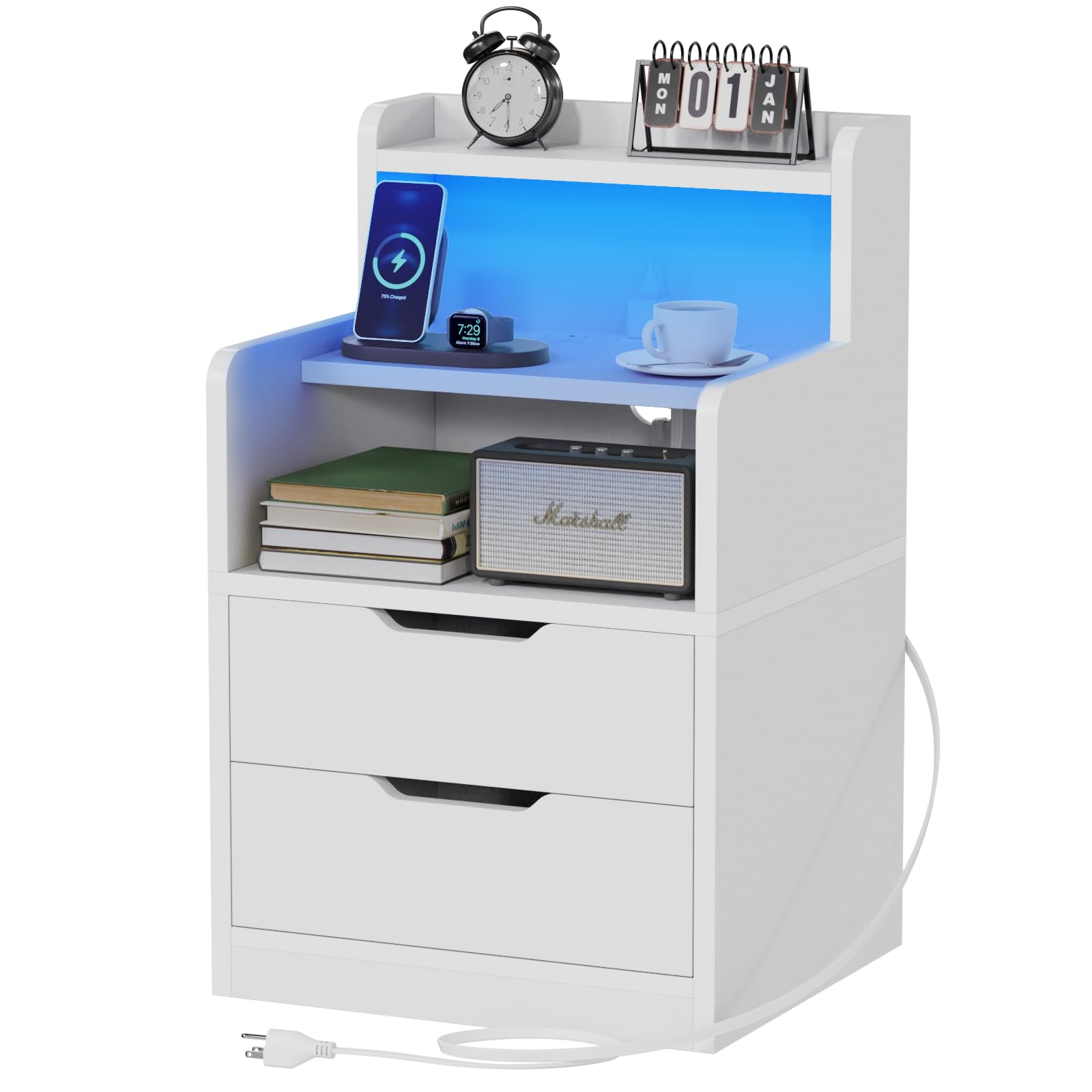 Furnulem Nightstand with Charging Station,Tall Bedside Table with LED Light, Type C & USB Ports, Side Table with 2 Wood Slide Drawers and Storage Shelves for Bedroom