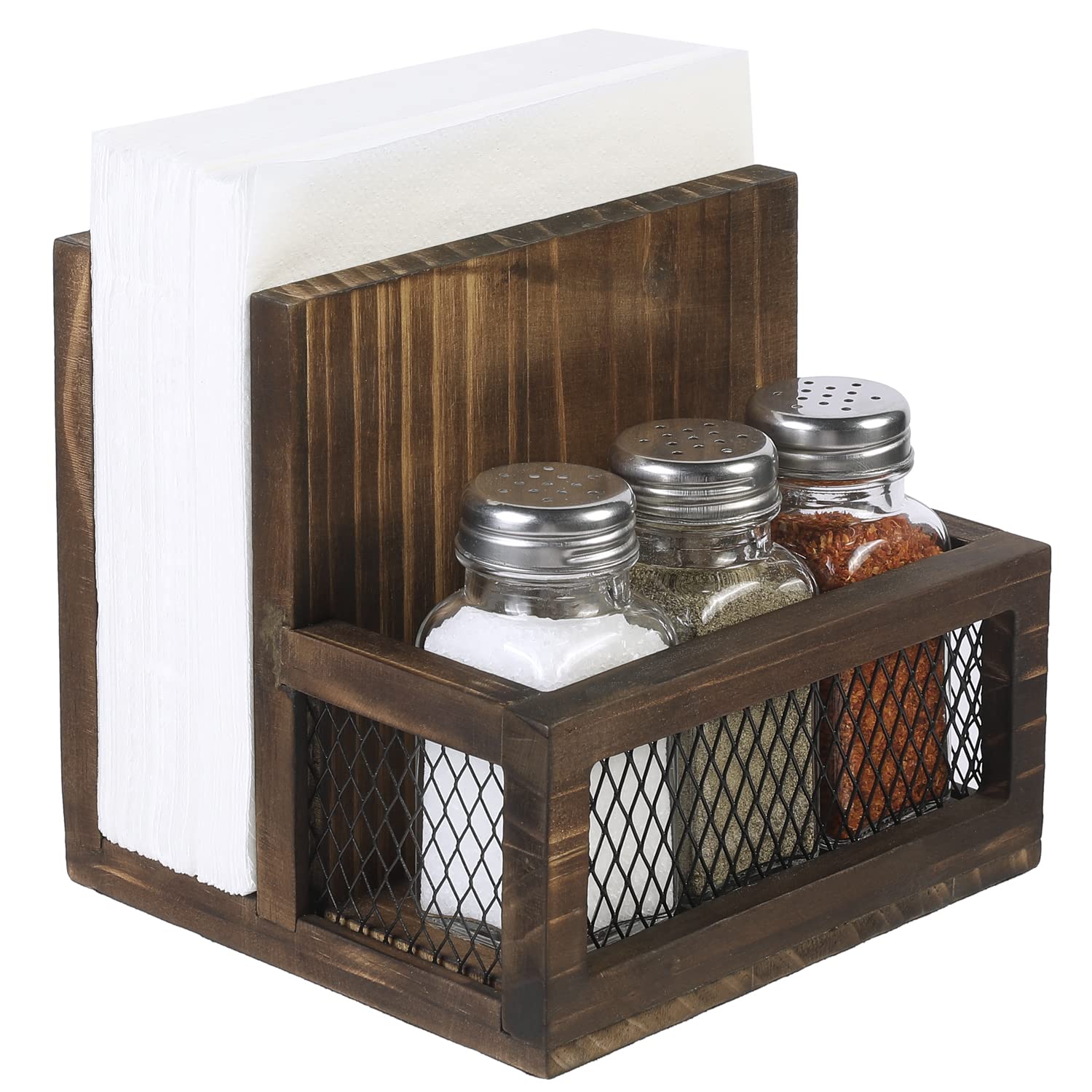FARM IN Napkin Holder, Farmhouse Multifunctional Napkin Holder with Salt and Pepper Shakers Holder for Home and Commercial Use, Rustic Solid Burnt Wood & Diamond Metal Wire Mesh
