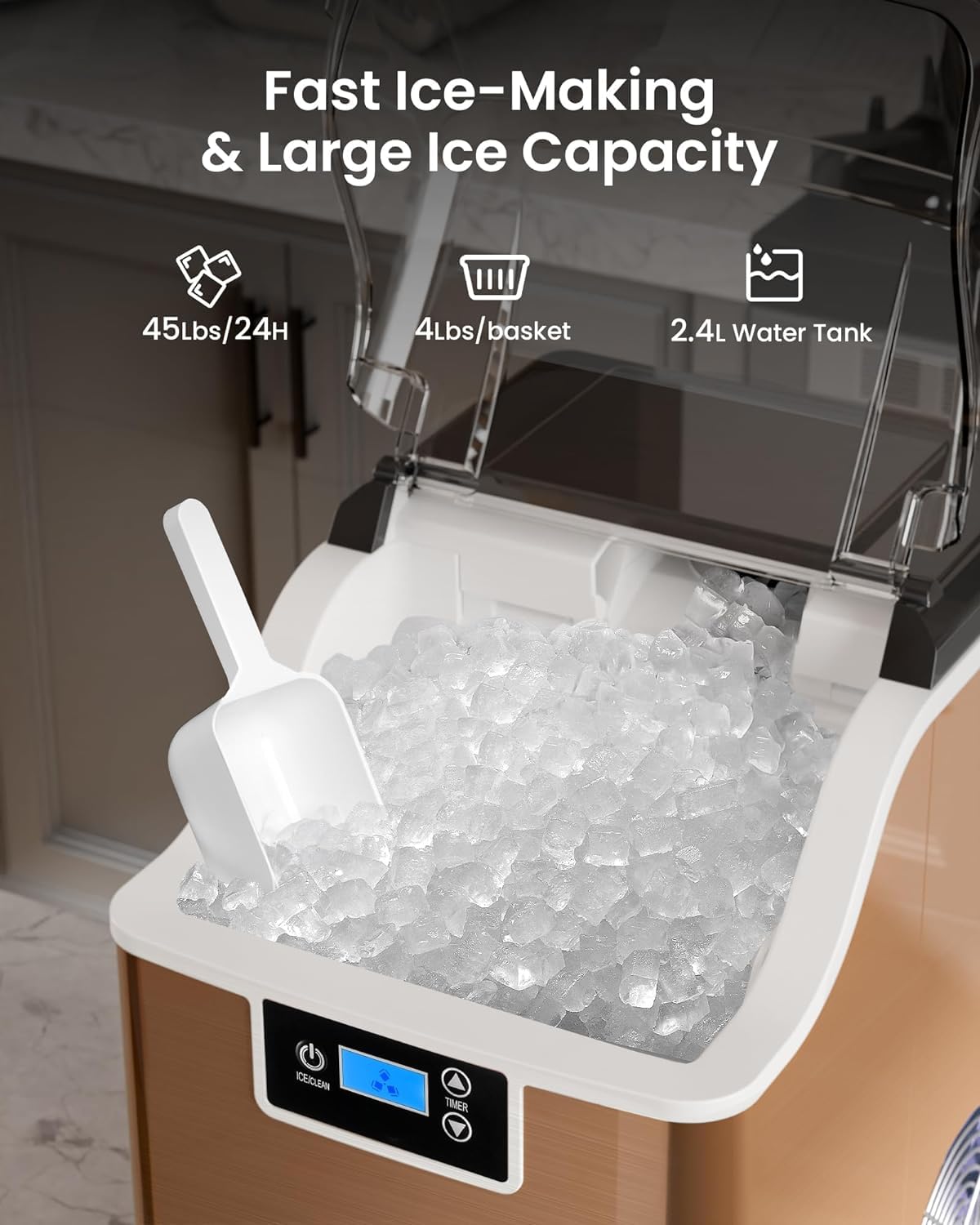 Kismile Nugget Ice Makers Countertop, 45lbs/Day Pebble Ice Maker Machine with 24-Hour Timer, Self-Cleaning Crushed ice Maker with Ice Scoop and Ice Basket for Home & Kitchen (Champagne Gold)