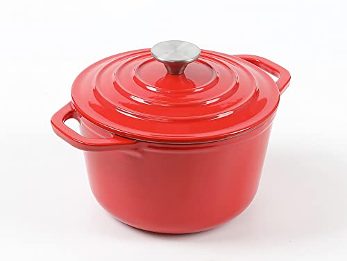 HAWOK Enameled Cast Iron Dutch Oven with Lid, 1.5 Quart Deep Round Dutch Oven with Dual Handles, Red