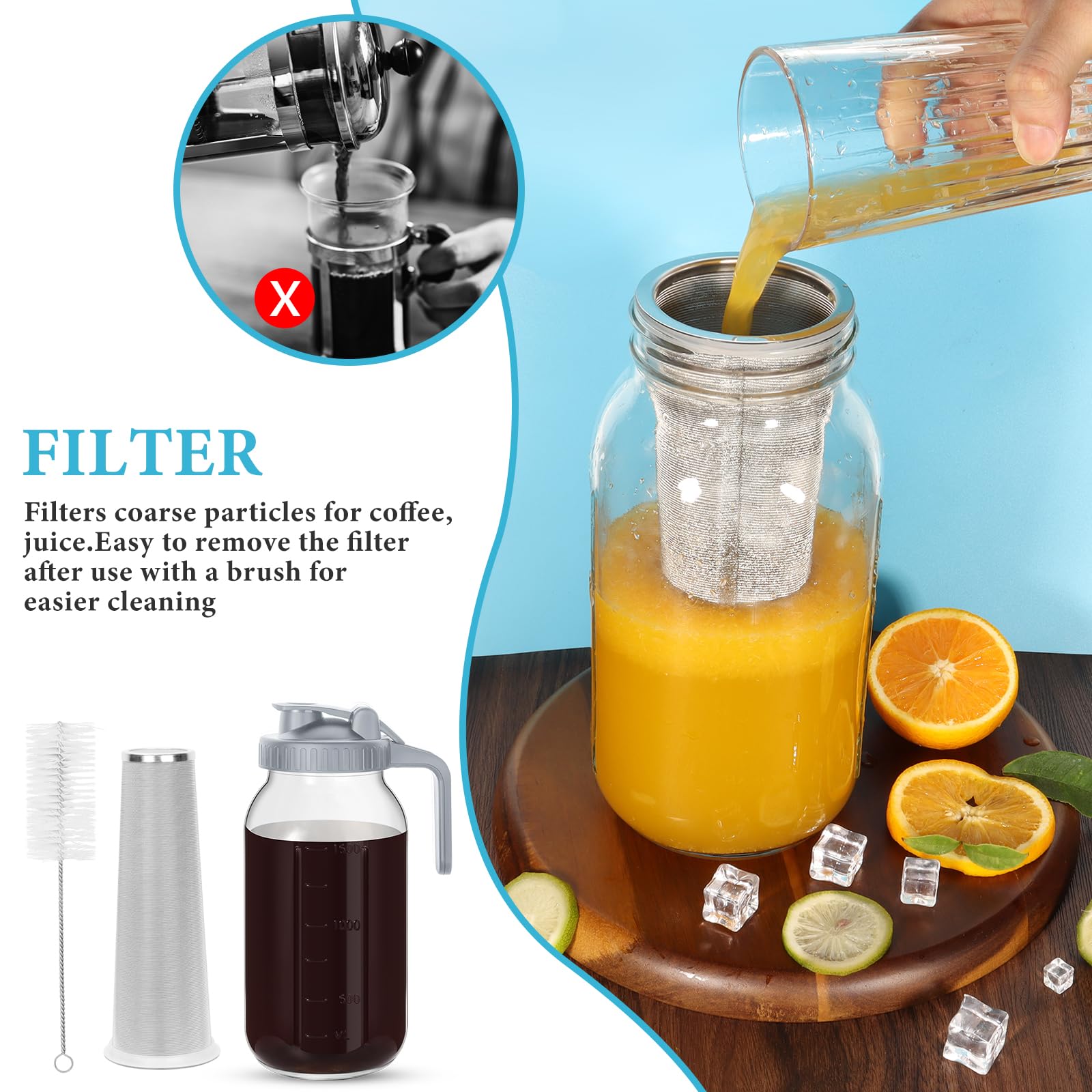 Enrimyee Cold Brew Coffee Maker, Mason Jar Pitcher, Heavy Duty Soda Lime Glass w/Stainless Steel Mesh Filter & Flip Cap Lid for Iced Coffee, Ice Lemonade, Fruit Drinks, Sun Tea - 64 oz
