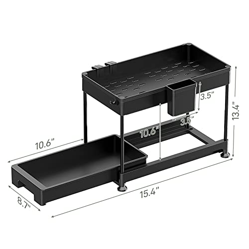 SPACELEAD Under Sink Organizers and Storage, Under Sliding Cabinet Basket Organizer, 2 Tier Under Sink Storage for Bathroom Kitchen with Hooks, Hanging Cup, The Bottom Can Be Pulled Out Black