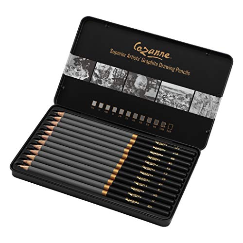 Cezanne Graphite Artist Drawing Pencil Set of 12 Professional Quality for Sketching & Shading, Break Resistant Pre-sharpened Leads, Triple Coated Matte Finished Wood-cased Barrel, Travel Storage Tin