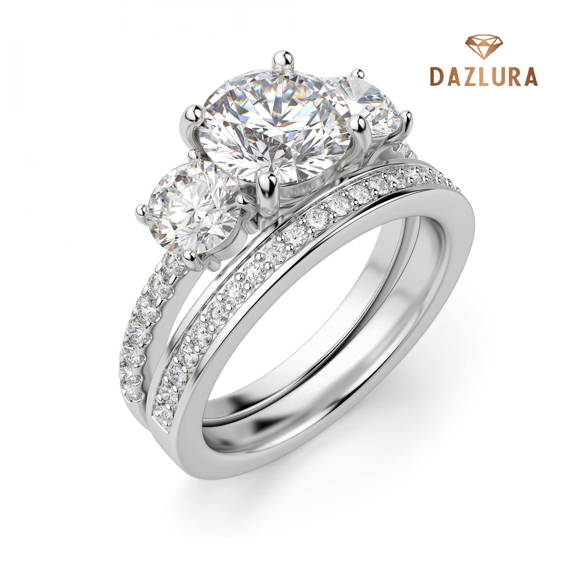 Dazlura 3 Stone Engagement Ring With Accents In 925 Sterling Silver Moissanite Round Cut White VVS Clariry Diamond Solitaire Ring Set With Wedding Eternity Band - 12.5 Bridal Ring Set