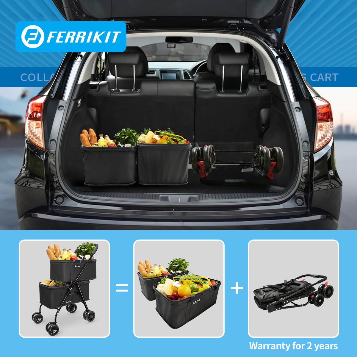 Ferrikit 2-Tier Grocery Shopping Cart Foldable Double Canvas Baskets Collapsible Folding Hand Truck Heavy Duty Trolley Sturdy Lightweight Funcitonal Multi Use Moving Shopping Storage Cart 360 Rotation