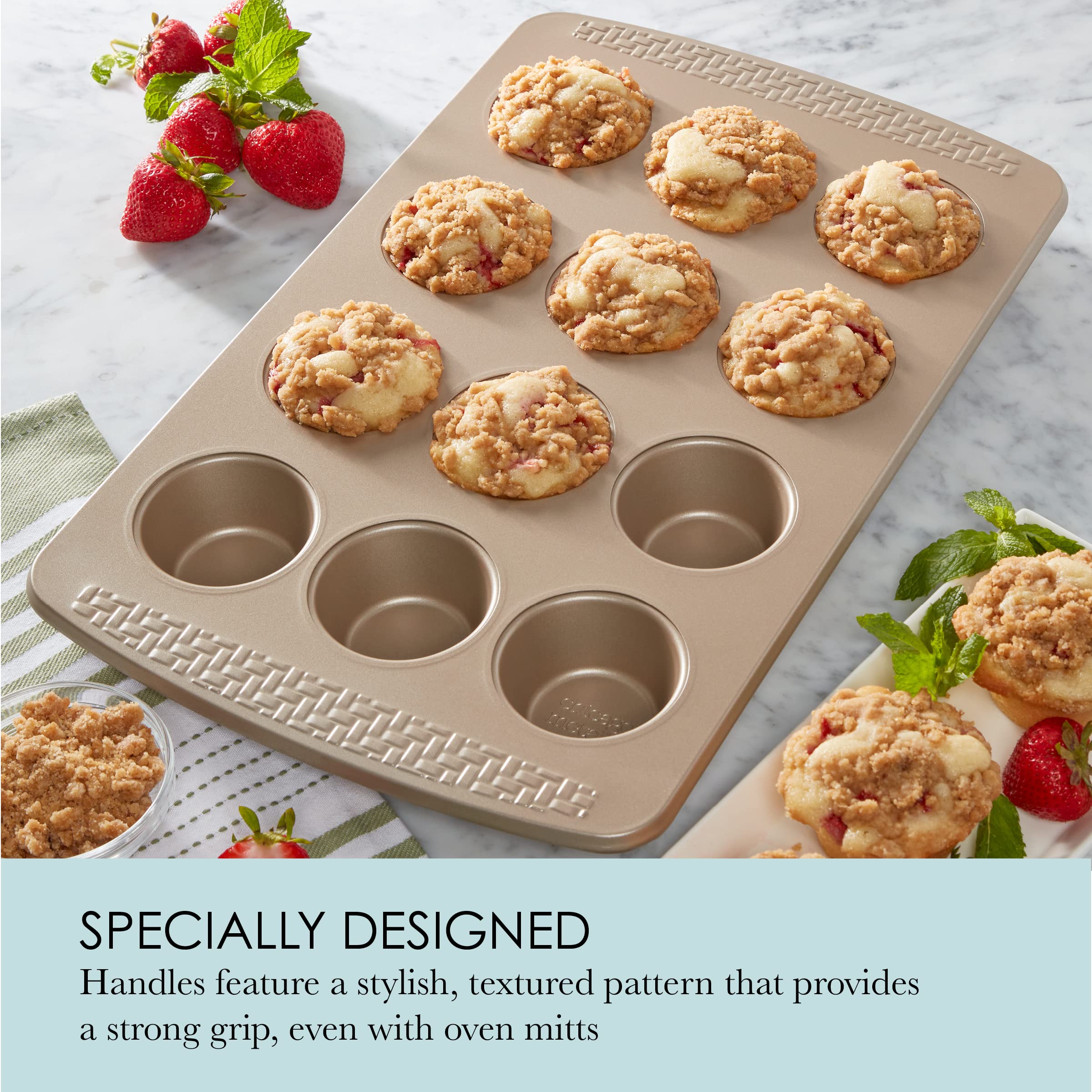 Chicago Metallic Everyday Non-Stick 12 Cup Muffin and Cupcake Pan. Perfect for creating evenly sized muffins, cupcakes, egg cups, and more