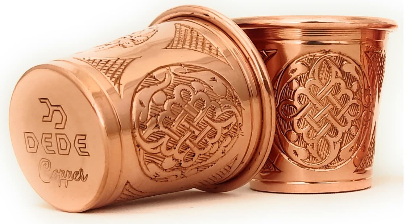 DEDE Copper - 2023 CC Series 2 oz (Set of 2) Tequila/Vodka Shot Glasses, Mini Moscow Mule Cup, Handmade Unlined Uncoated Thickest Pure Solid Copper mini Tumblers for Cocktails (Engraved Art)