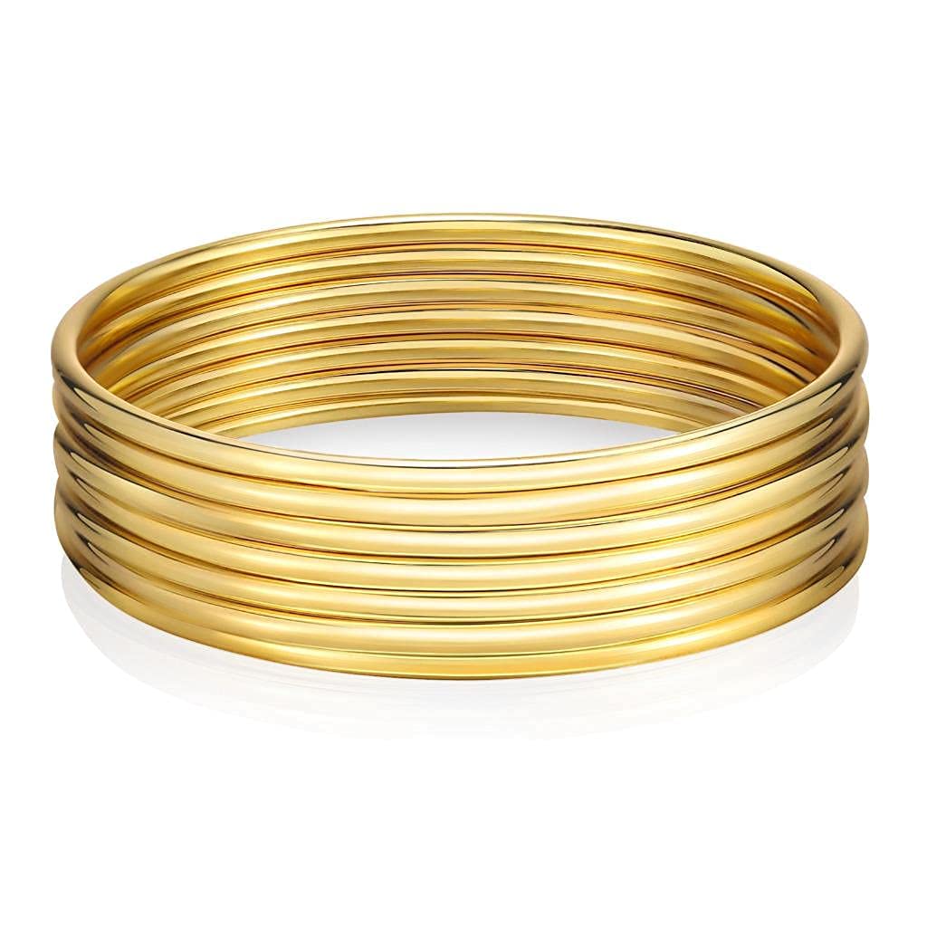 Castillna Stainless Steel Thin Round 14K Plated Gold Bangle Bracelets for Women, Plus Size, 9 inches