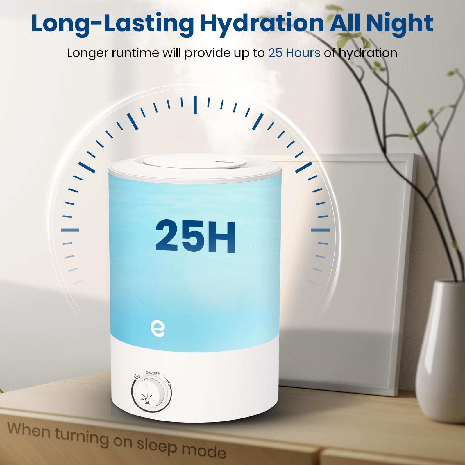 Esemoil Humidifiers for Bedroom, 2.5L Cool Mist Ultrasonic Air Humidifier with Top Fill & Quiet, 360ยฐ Nozzle, BPA Free, 25 Hour Diffuser with 8 Color Light & Auto Shut-off for Home Baby Nursery Plants