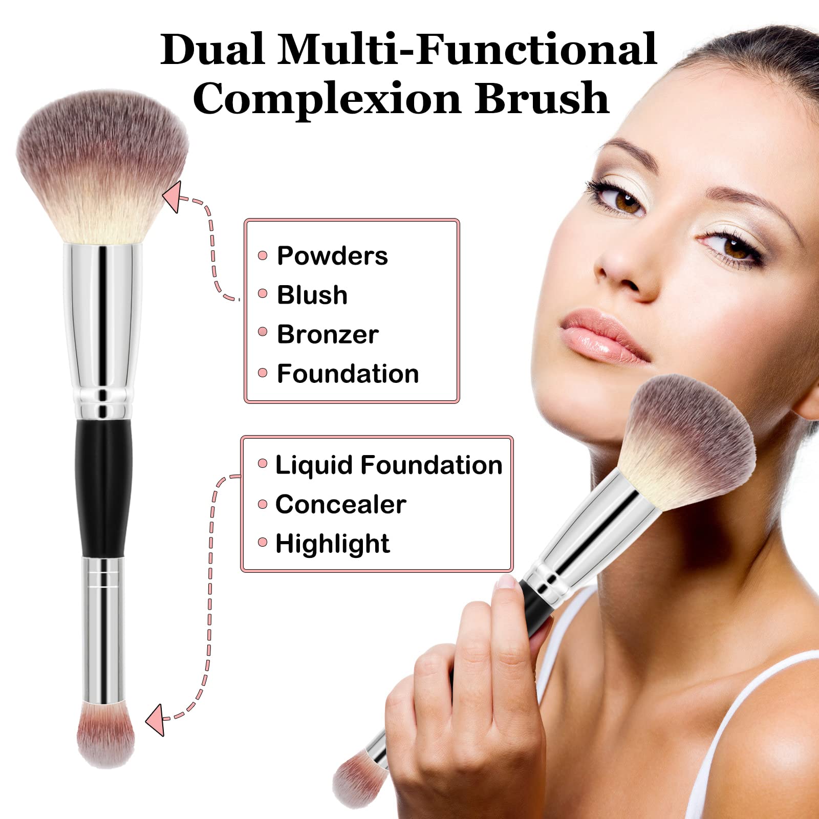 Falliny Double-Ended Makeup Brushes, Large Powder Kabuki Makeup Brush Dual Foundation Concealer Brush for Blending, Blush, Bronzer, Buffing, Flawless Powder Cosmetics