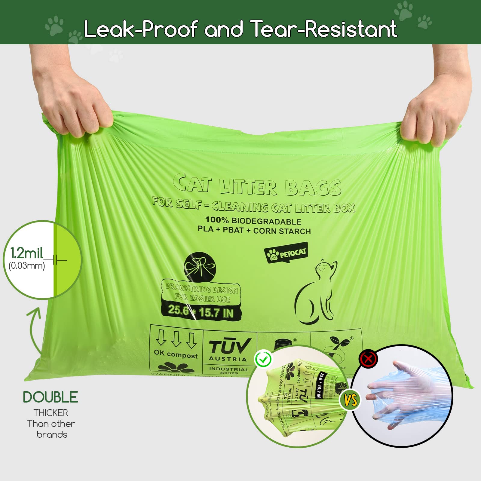 Cat Litter Bags for PET KIT Self-Cleaning Box - 90 Count Drawstring Biodegradable Automatic Drawer Waste Liners 100% Compostable Kitty Replacement Poop Bags, 5 Gal Thickened Garbage Bags for Kitchen