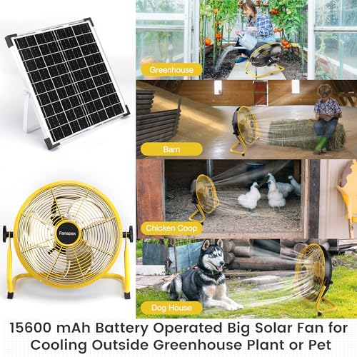 Fanspex 14" Portable Solar Rechargeable Floor Fan, 15600 mAh 20W Solar Panel Powered Battery Operated Fan for Outdoor Camping, 360° Tilt, 40dB Quiet Operation (5.3m/s Airflow)