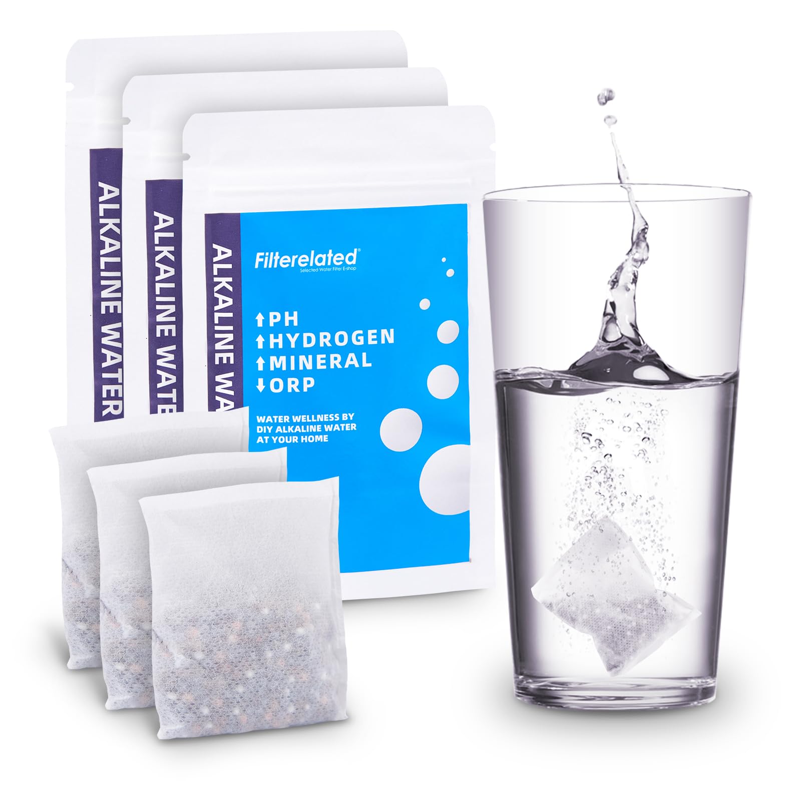 Filterelated Portable Alkaline Water Filter Pouch Alkaline Hydrogen Rich Water Filtration System for Your Bottle, Pitcher, Jug, Container - High pH 9+Water - Long-Life 105 Litre/28 Gallon (3-Pack)