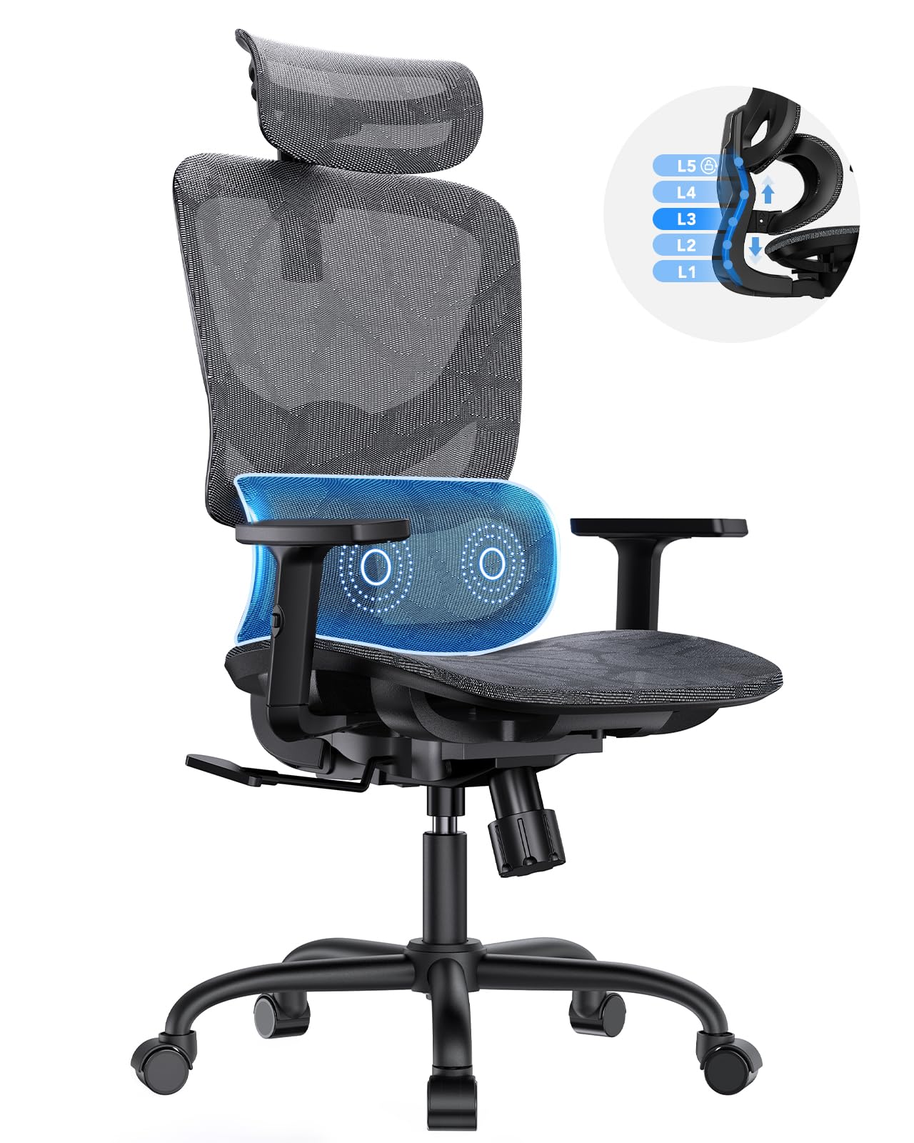 HUANUO Ergonomic Mesh Office Chair, High Back Desk Chair with 5-Level Lumbar Support, Adjustable Headrest, Armrests, Rocking Tilt, Computer Mesh Chair for Home Office Gaming