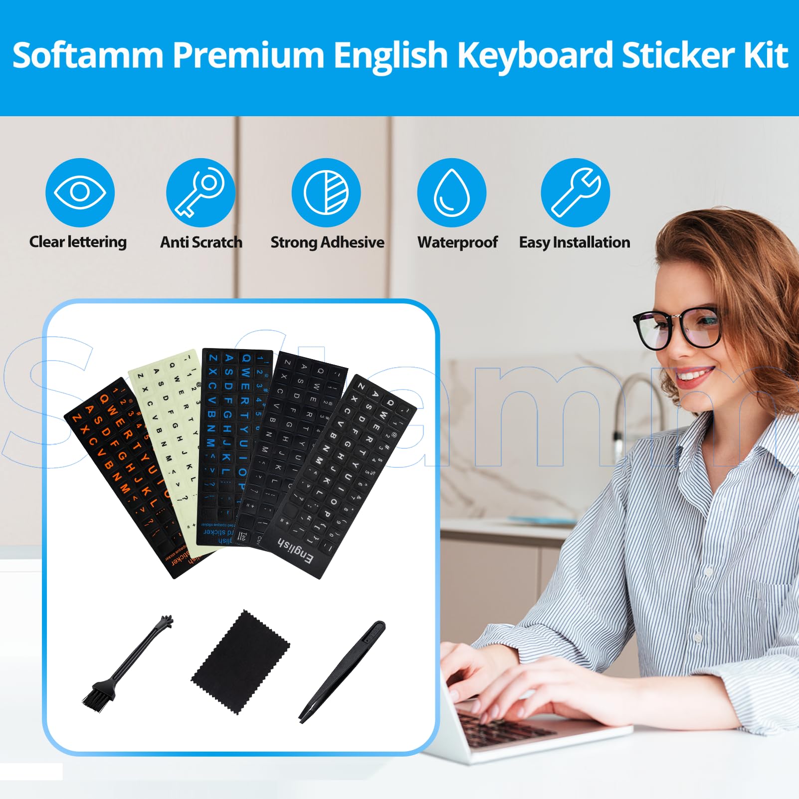 English Keyboard Stickers[5 in 1],Replacement English Keyboard Sticker with White Font on Black Background Universal for Laptop Desktop Computer,Matte English Keyboard Alphabet Sticker