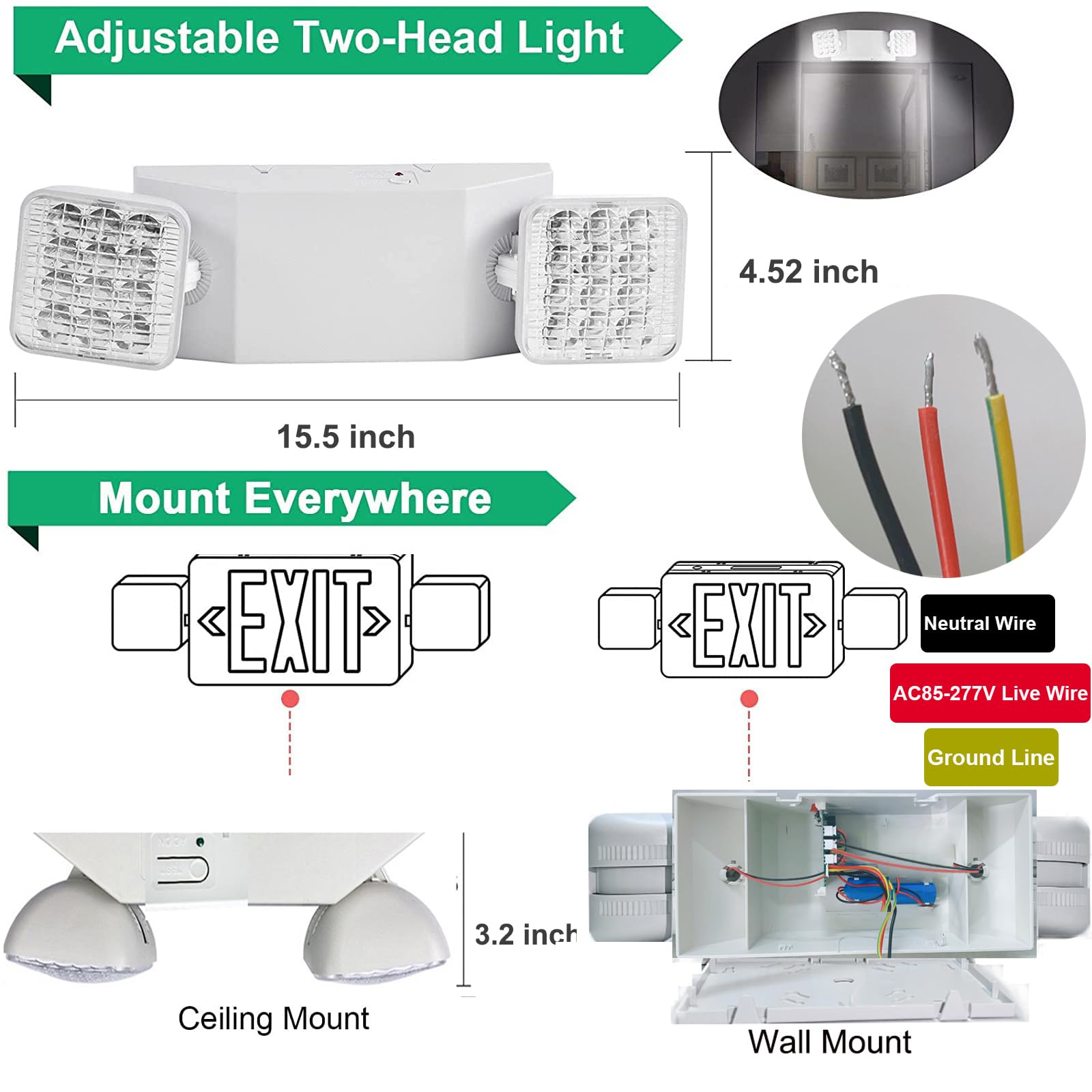 Hivotisa LED Emergency Lights with Battery Backup 6 Pack, Commercial Emergency Lights Fixture Two Head Adjustable, Hardwired Emergency Light for Business, Home Power Failure Hallway AC 120/277V