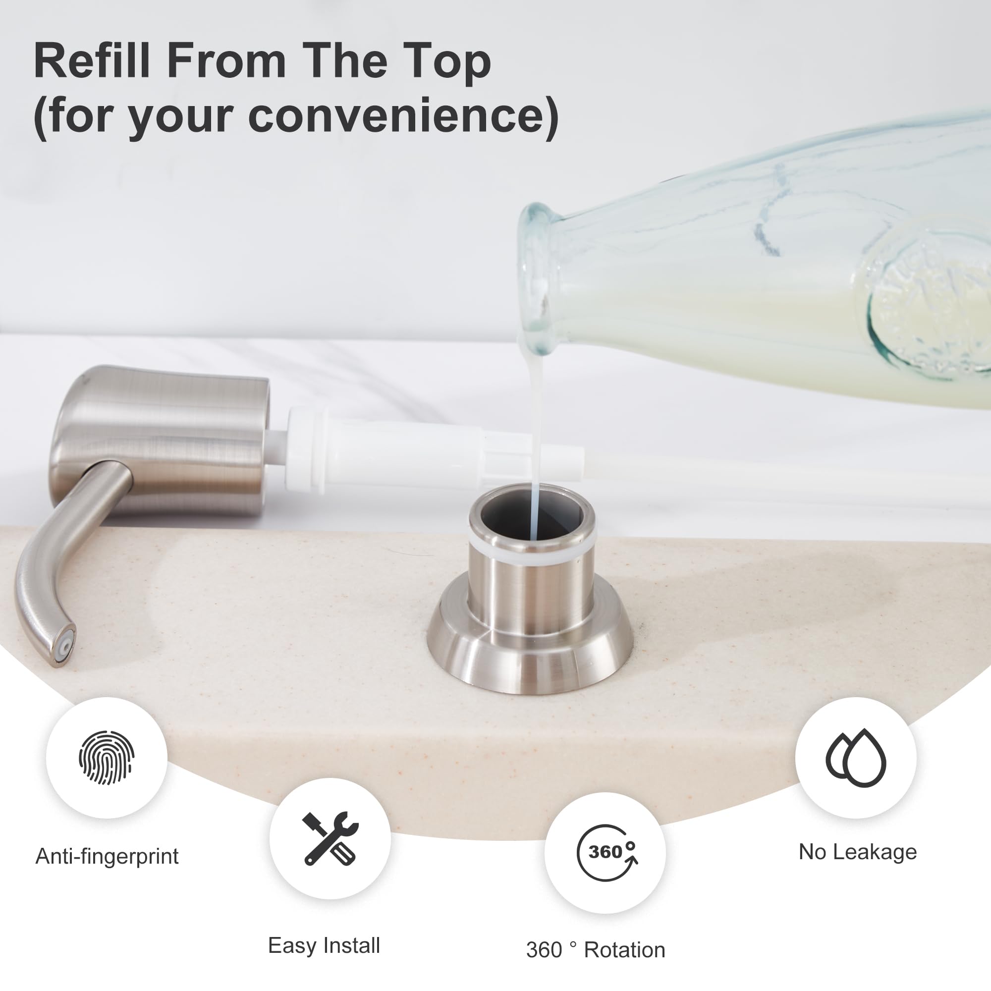 GAGALIFE Built in Sink Soap Dispenser or Lotion Dispenser for Kitchen Sink, Brushed Nickel ABS Pump Head, with 13 Ounce Large PET Soap Bottle