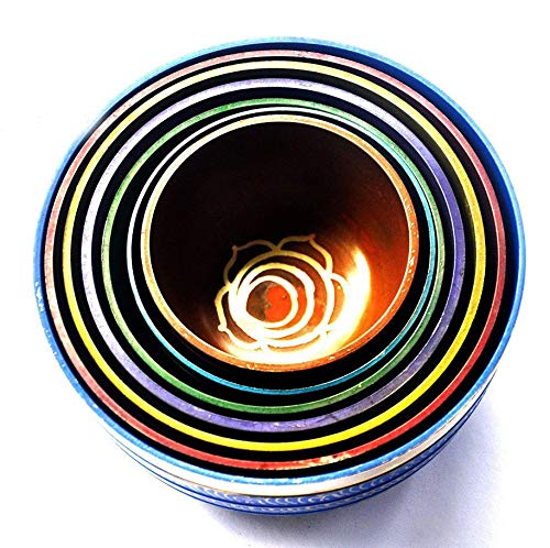 Chakra Healing Tibetan Singing Bowl Set~ Seven Chakra Color with Symbols ~Sizes from 2.5" to 5” for Meditation,Sound Healing, Sound Therapy & Mindfulness ~ Mallets, Cushions & Carrying Case included