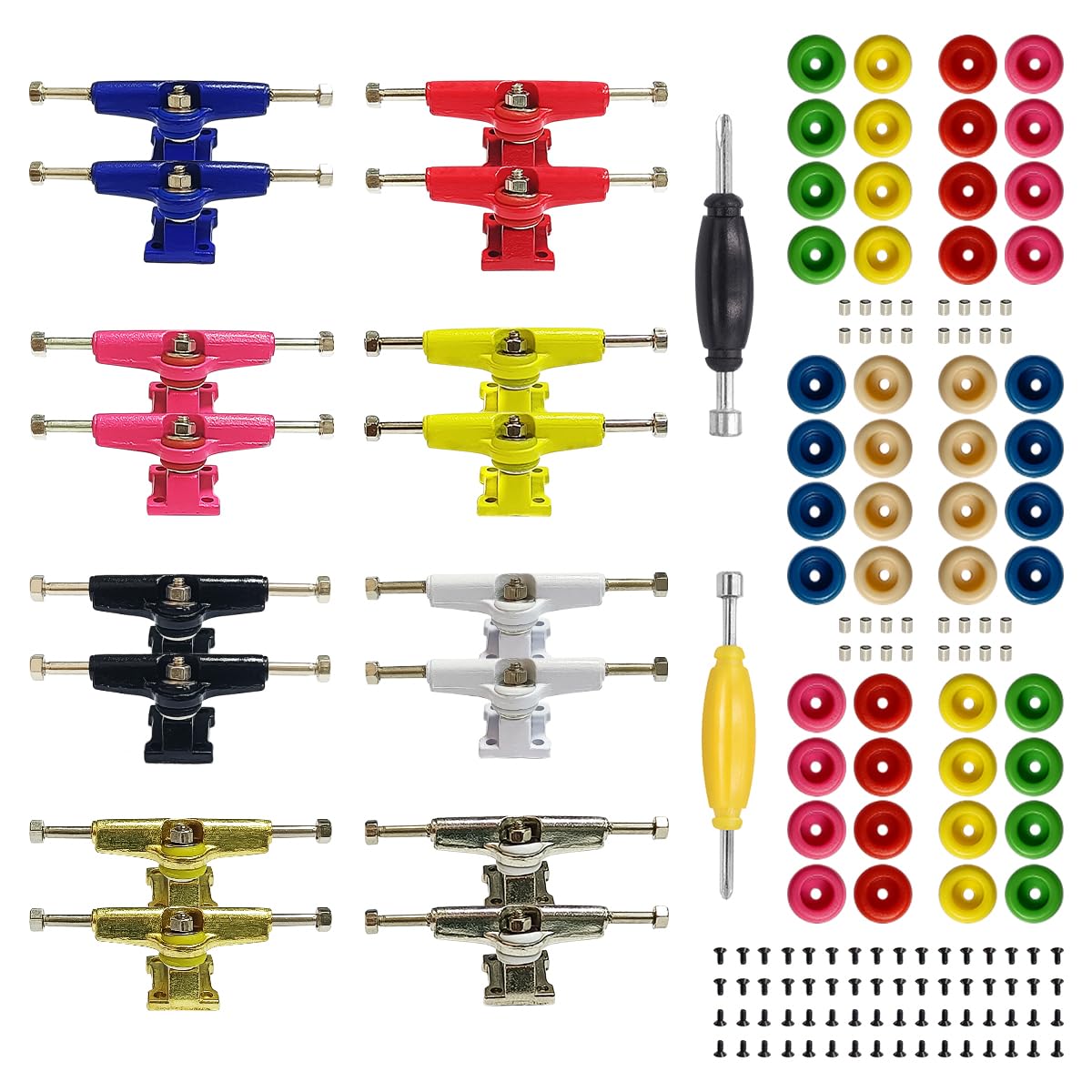 FIGURESLAB 16Pcs Mix Colorway Fingerboard Tucks with Nuts--34mm Wide & 48Pcs Mix Wheel& 32PCS Nuts &64Pcs Screws & 2PCS Spanner Tool