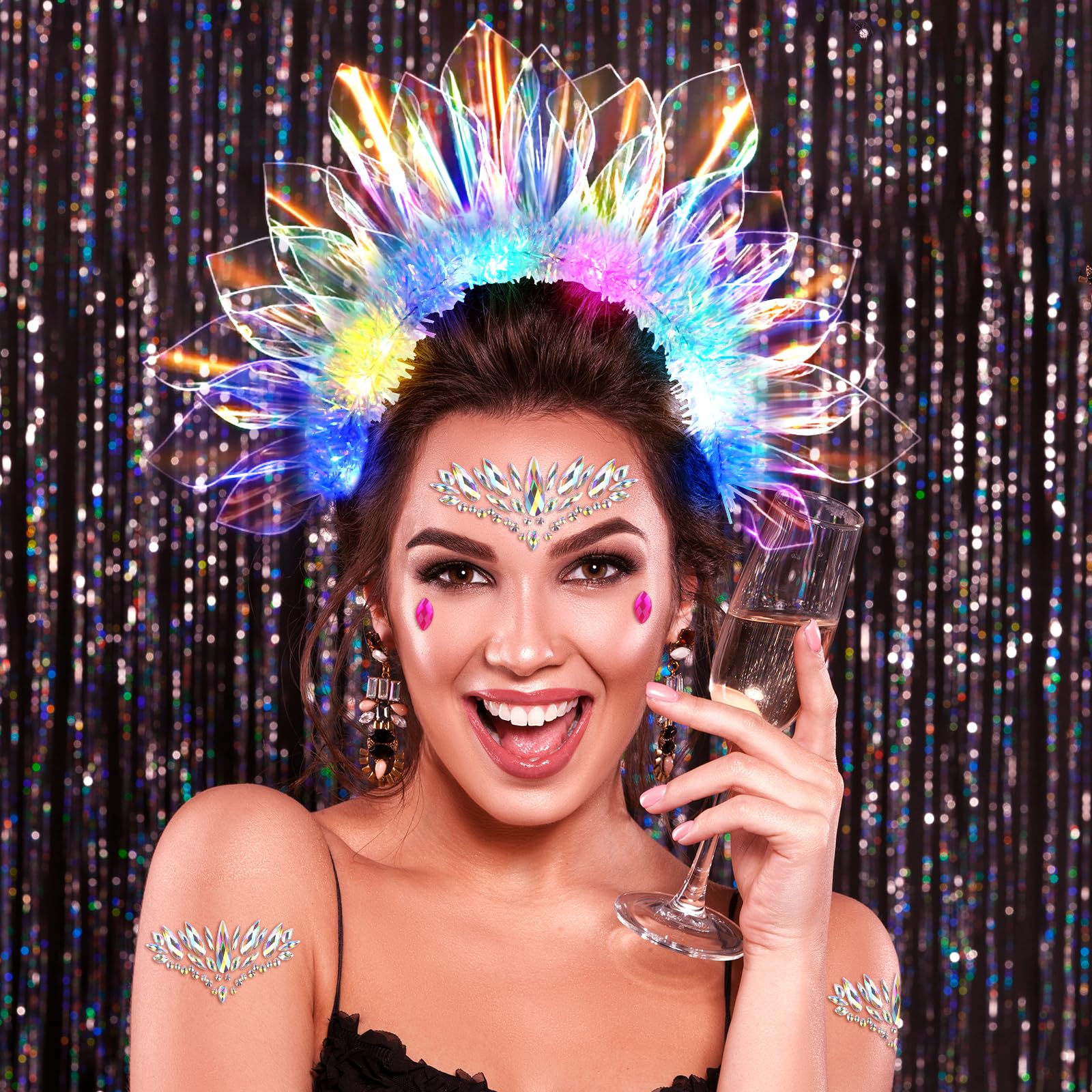 Farochy Headbands - LED Glow Headband with Face Jewels. One size fits all, 3 flashing modes. Premium material, widely used for parties, weddings, and photography.
