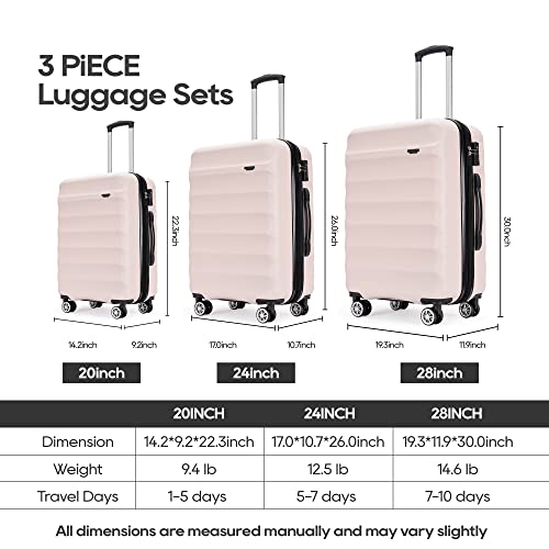 GinzaTravel 3-Piece Luggage Set with TSA Locks, Expandable, and Friction-Resistant in Light pink - Includes 20", 24" & 28" Spinner Suitcases