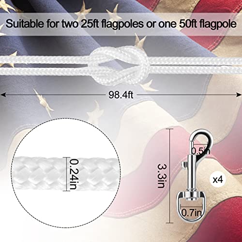 Flag Pole Rope Kit - 100ft Flag Pole Halyard Rope 1/4" Thick with 4 Pcs Zinc Alloy Swivel Snap Hooks for Flagpoles Up to 50ft, Double Braided Nylon Flagpole Line Rope Outdoor Flagpole Accessories