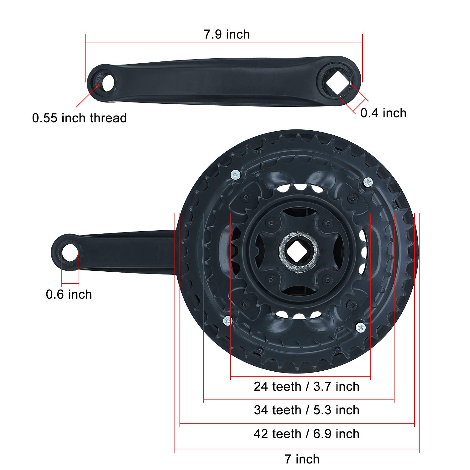 ColouredPeas Square Cone Mountain Crankset - 6/7/8 Speed 42T 34T 24T Universal Crank Set for Mountain Bikes, 170mm Crank Arm