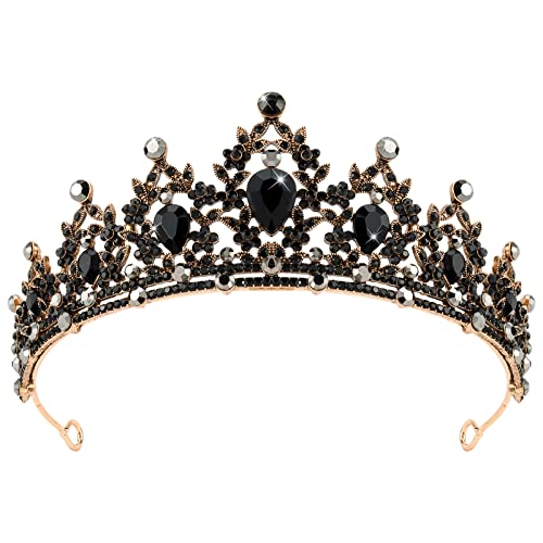 CAVETEE Black Crown for Women Gothic Crown Headpiece Halloween Decorations Birthday Tiara Vintage Rhinestones Black Baroque Queen Crown Wedding Bridal Crown Black Tiaras and Crowns for Women Girls