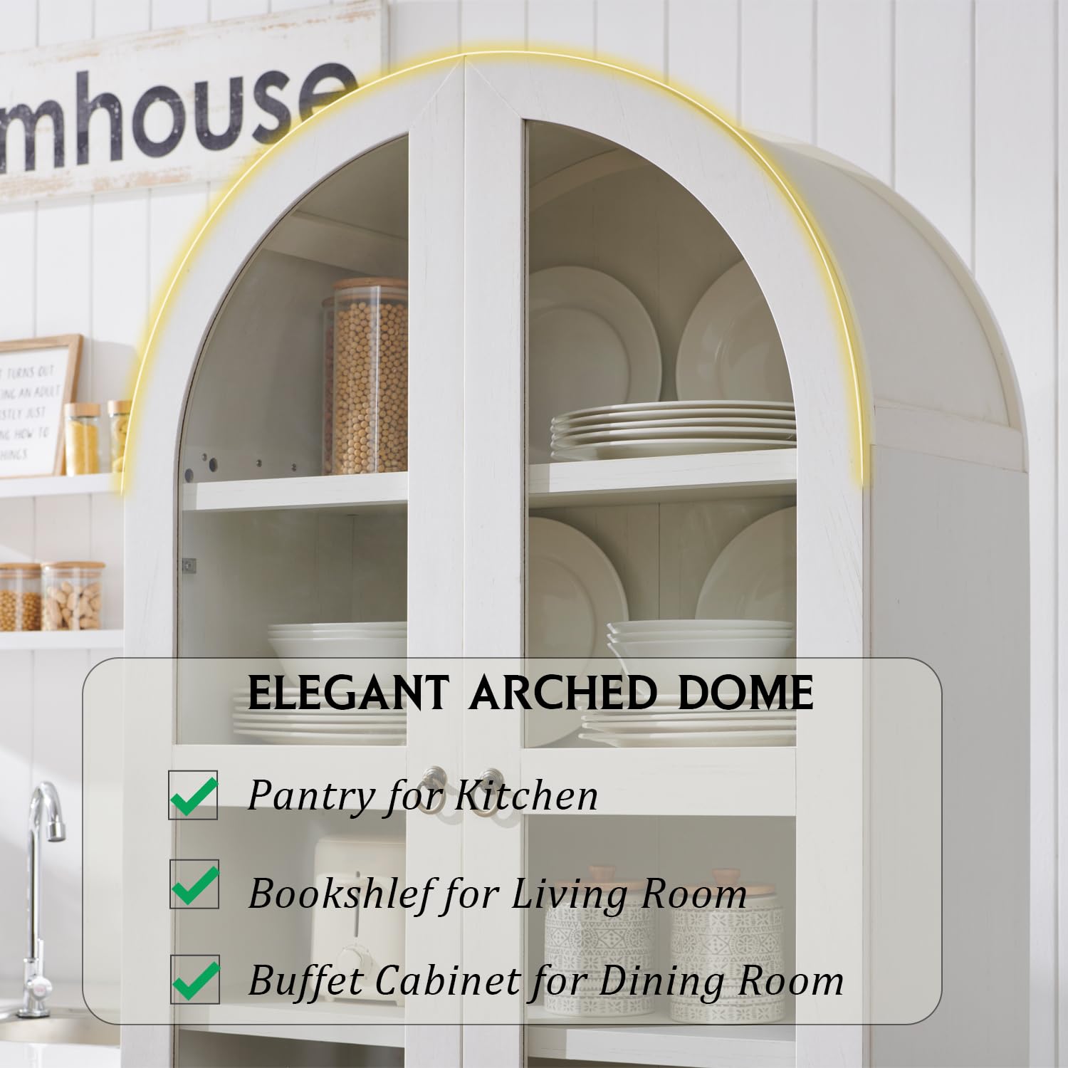 IFGET 71" Tall Arched Kitchen Pantry Cabinet, Wood Kitchen Storage Cabinets with 2 Large Drawers and Adjustable Shelves, Modern Farmhouse Versatile Cupboard for Kitchen, Dining Room, Bathroom, White
