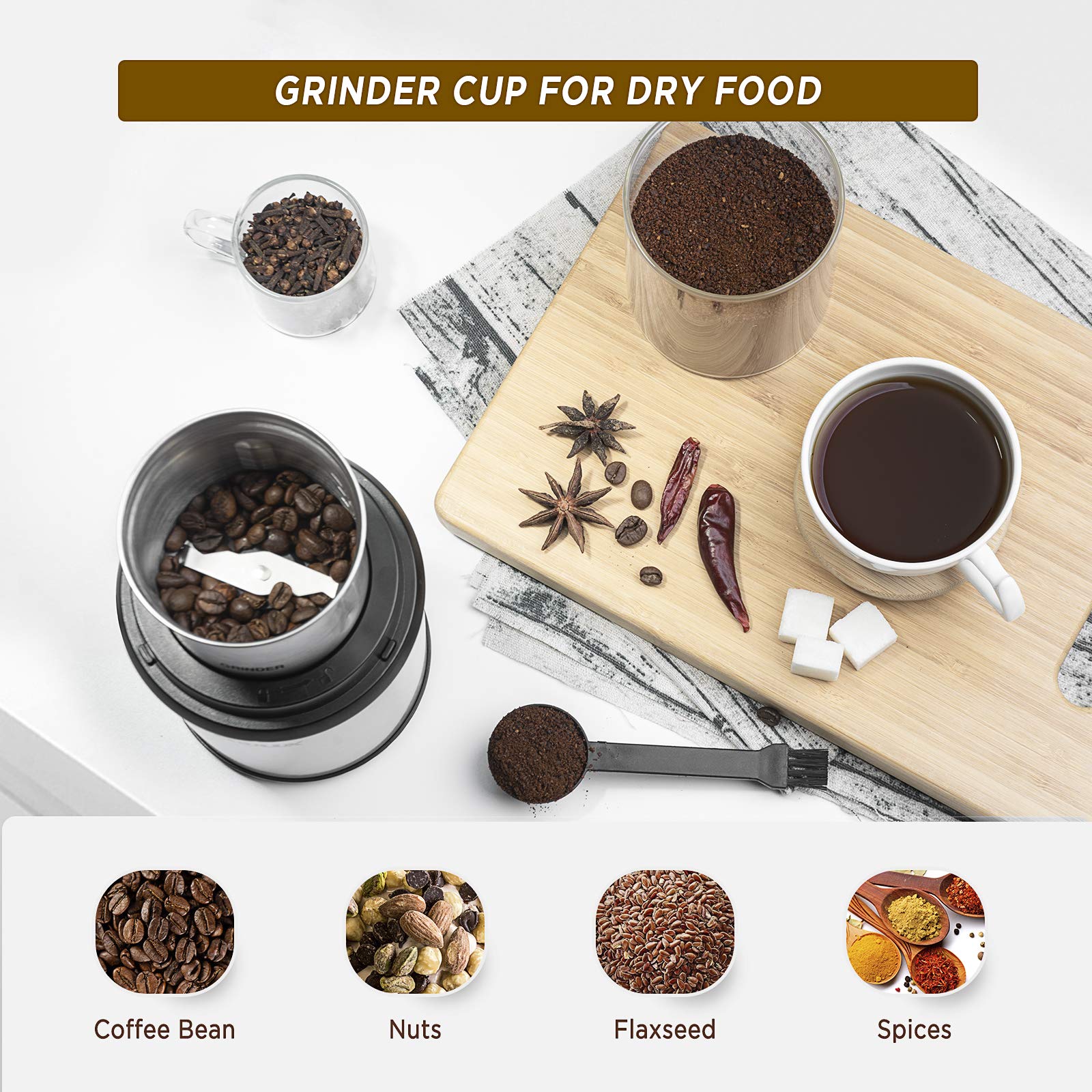 CHULUX Coffee Grinder Electric,Built-In Sharp Blade Spice Grinder with 2 Detachable Stainless Steel Bowls for Coffee, Spices, Herbs, Nuts, Grains,Lid Actived Safety Switch