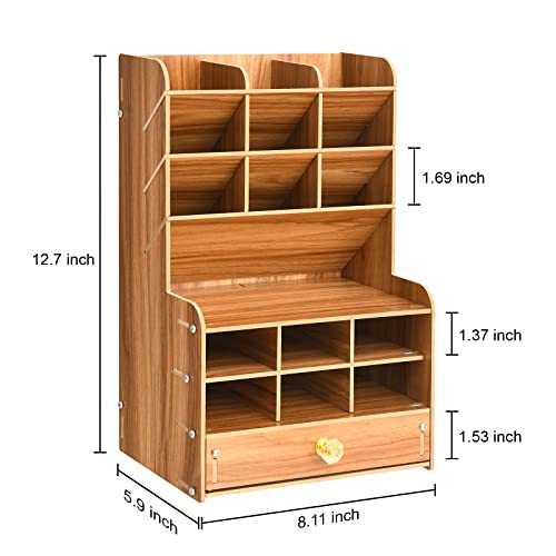 Marbrasse Wooden Pen Organizer, Multi-Functional DIY Pen Holder Box, Desktop Stationary, Easy Assembly, Home Office Art Supplies Organizer Storage with Drawer (B16-Cherry Color)