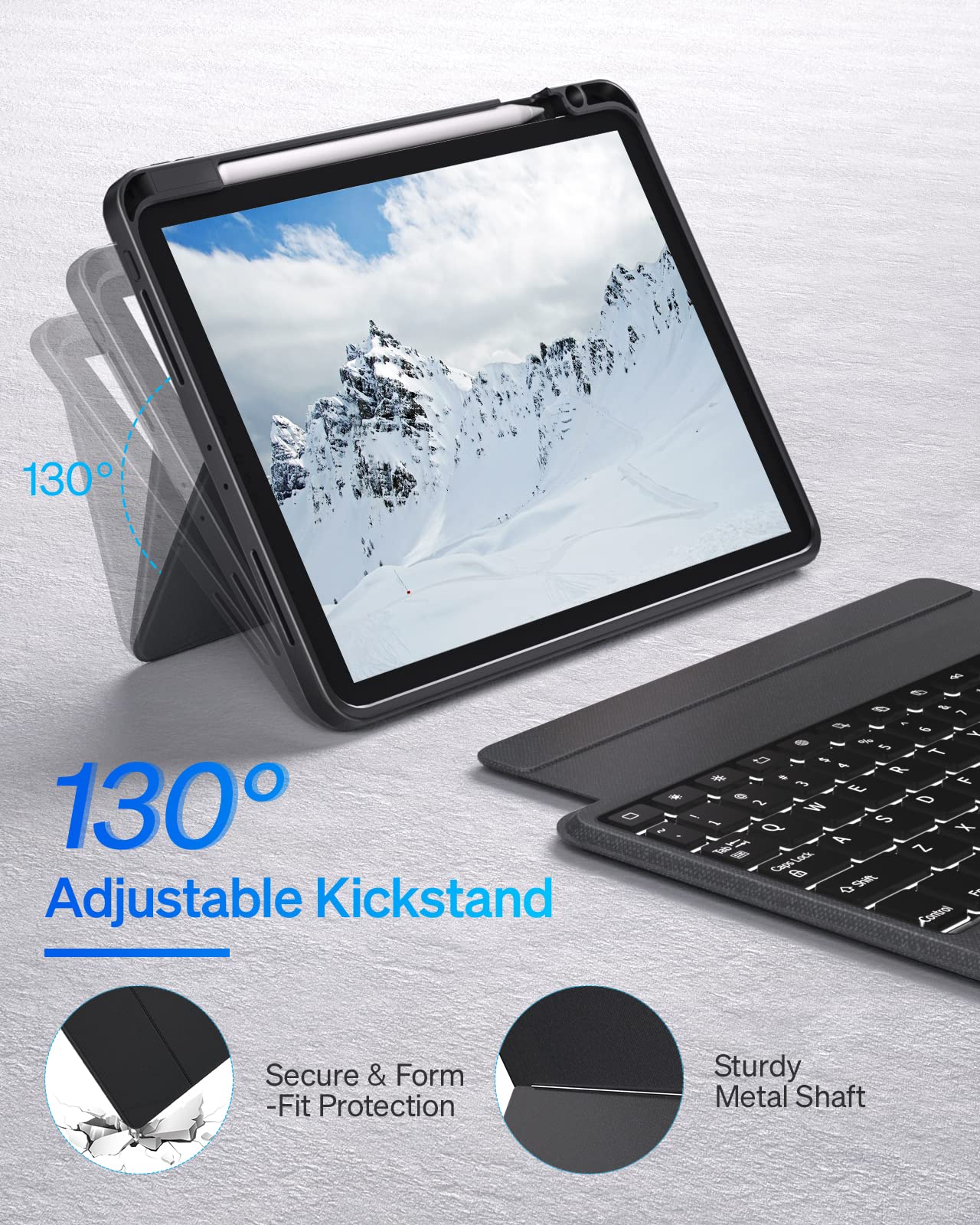 Doohoeek Keyboard Case Touch for New iPad 10.9 inch 10th Generation 2022, Detachable Keyboard with Any-Angle Kickstand & Leather Cover & Breathing 7-Color Backlit & Pencil Holder for iPad 10