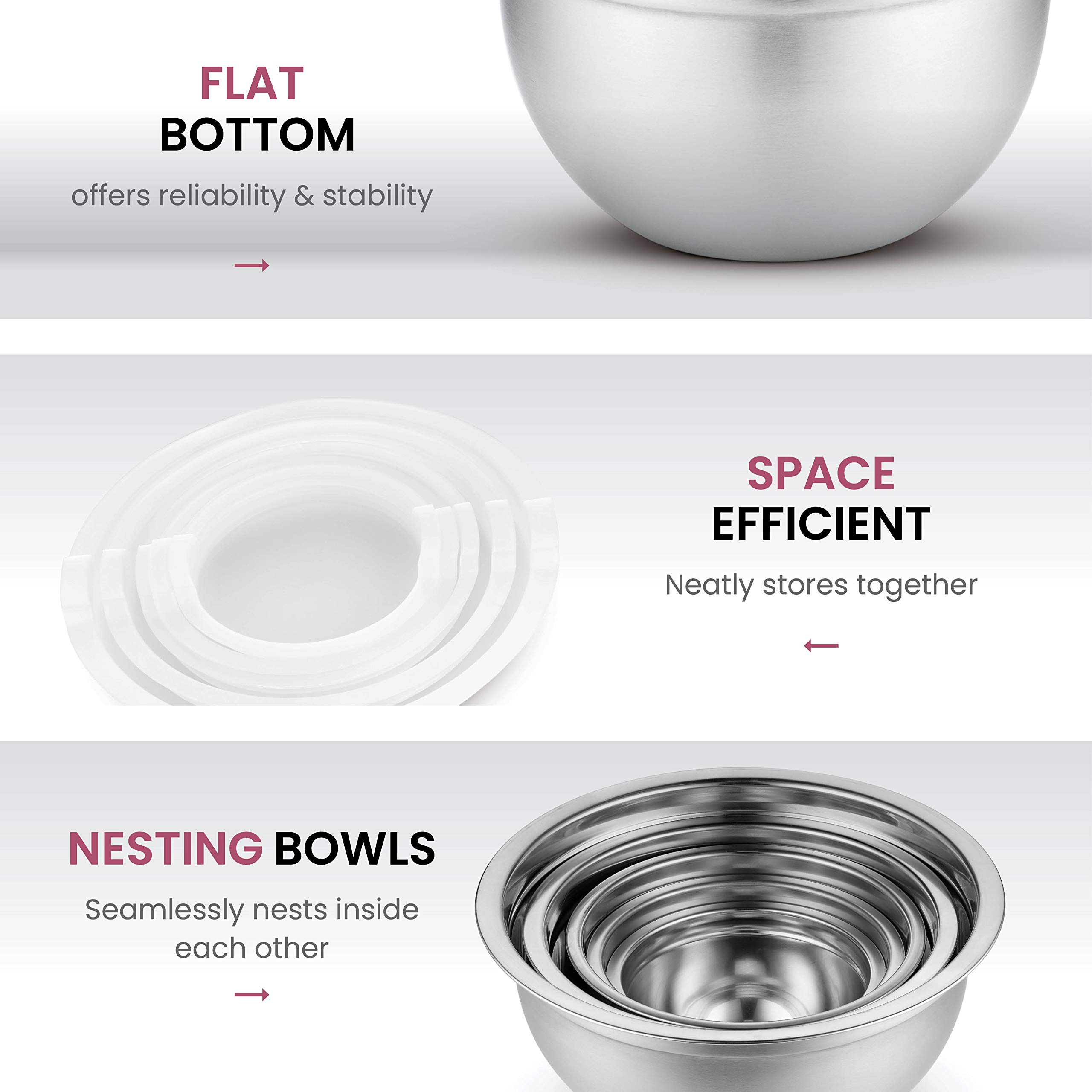 FineDine Stainless Steel Mixing Bowls Set with Lids, Home Kitchen Cooking Essentials Household Must Haves for Baking, 5 Pieces