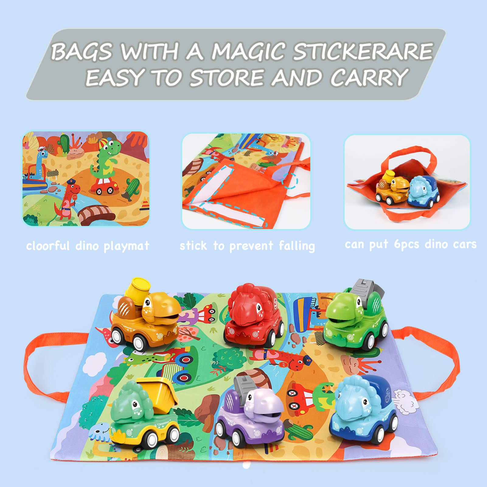Flypear Toy Cars for 1 Year Old Boy, Dinosaur Pull Back Construction Vehicles with Storage Bag, 6PCS Monster Truck for Toddlers 3-5, Friction Power Cartoon Car Easter Gift