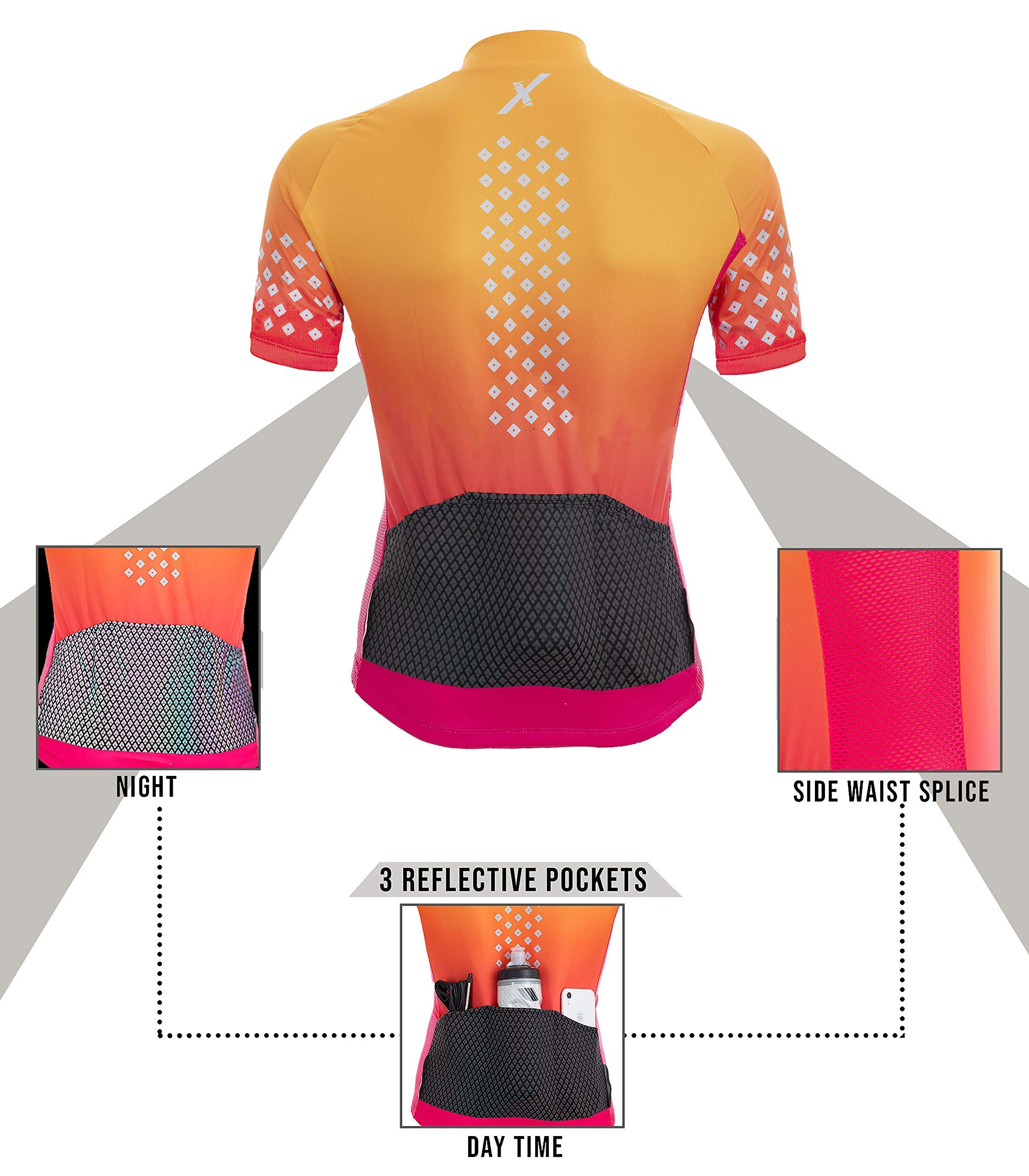 CHILLAX MODE Cycling Jersey High Visibility Shirts Short Sleeve, 3 Reflective Rear Pockets, Unisex (Pink and Orange, M)