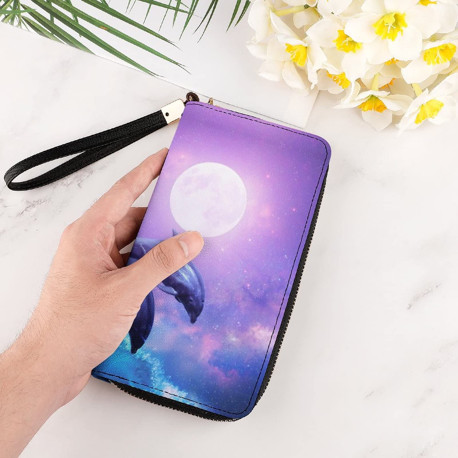 FKLCTIN Beautiful Dolphins Surfing Wave Womens Wallet PU Leather Large Wristlet Phone Holder Zip Around Clutch Purse