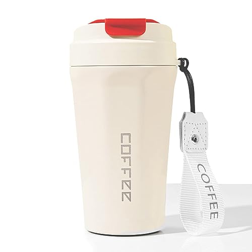 Mosdos Insulated Travel Coffee Mug, Spill Proof 14oz Stainless Steel Coffee Cup with Lid,Vacuum-Sealed Portable Thermos Cup for On-the-Go,Reusable Coffee Tumbler,Gift for Men and Women-White