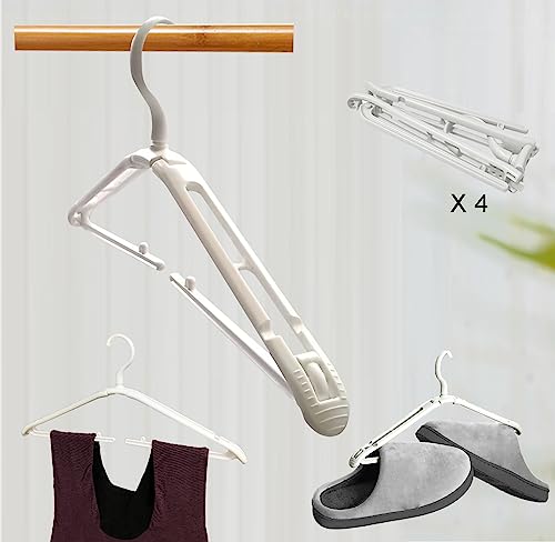 Fineget Folding Clothes Skirt Shirt Hangers with Clips Plastic Coat Travel Shoes Socks Shorts Hangers Foldable Collapsible Closet No Slip Heavy Duty White Hangers Retail Organizer 4 PCS + 8 Clips