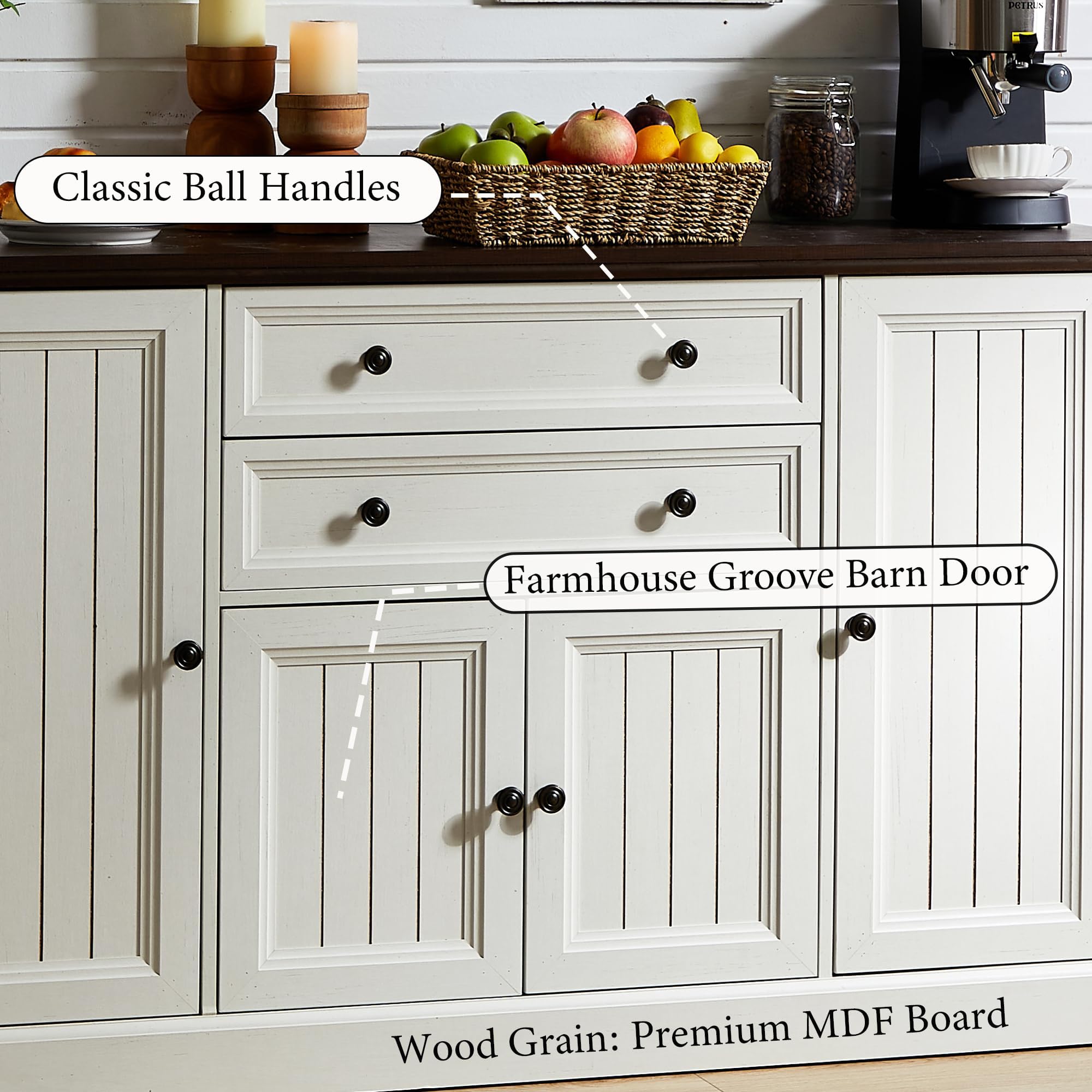 IFGET Farmhouse 58" Buffet Cabinet with Storage, 34" Tall Coffee Bar Cabinet w/2 Large Drawers & 4 Grooved Barn Doors, Wood Rustic Sideboard Buffet Cabinet for Dinning Room, Kitchen, Living Room,White